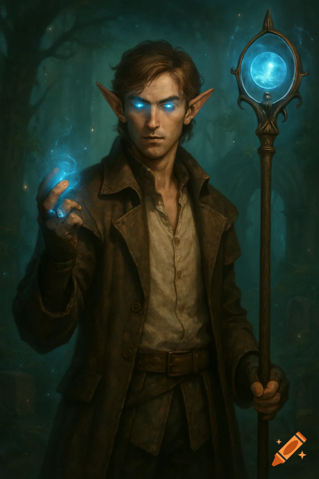 A fantasy elf mage with glowing blue eyes casting a spell and holding a ...