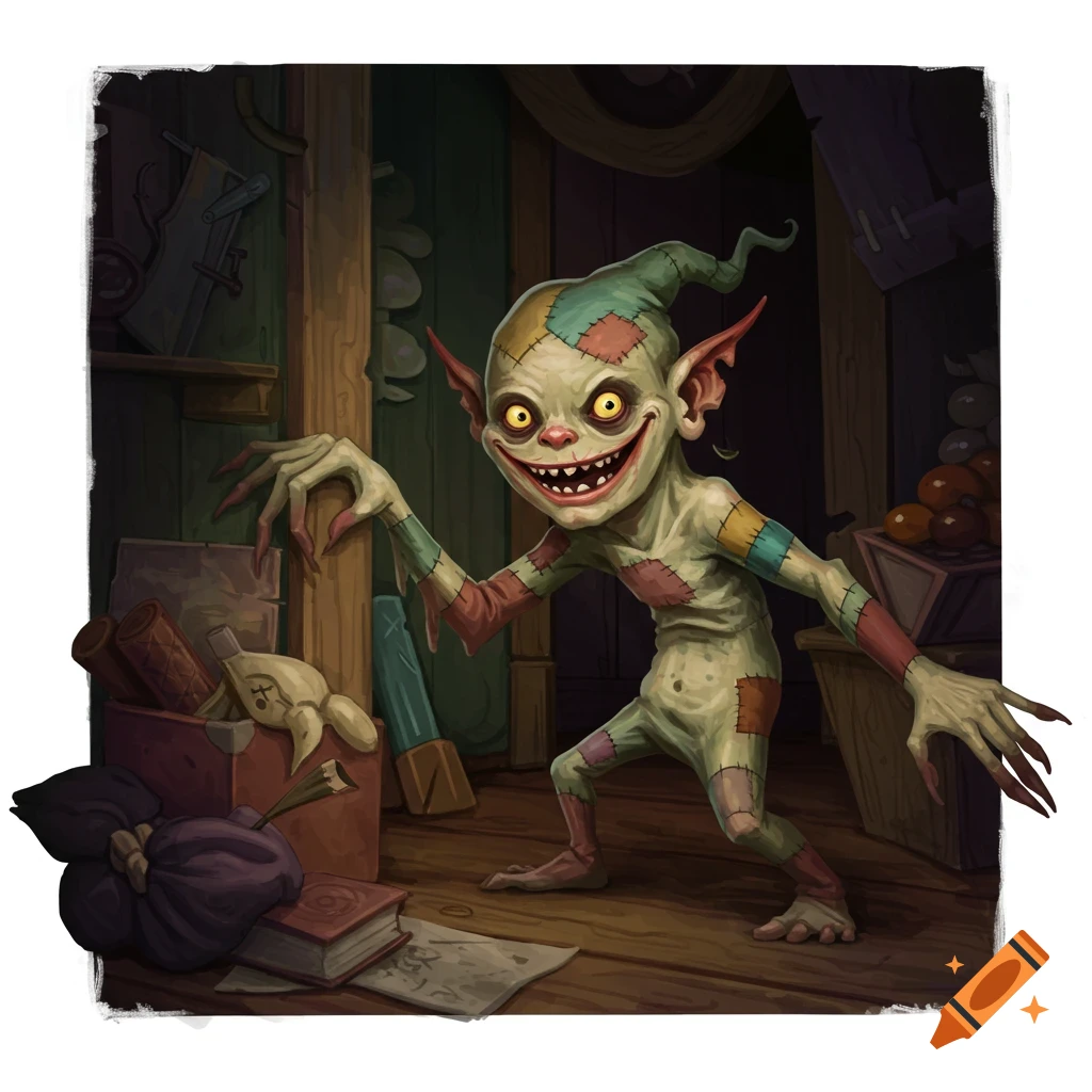 A creepy grinning patchwork creature in a messy room, illustration ...