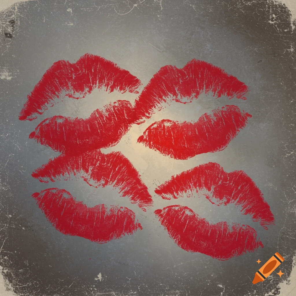 Multiple red lipstick kiss marks on a textured gray background. on Craiyon