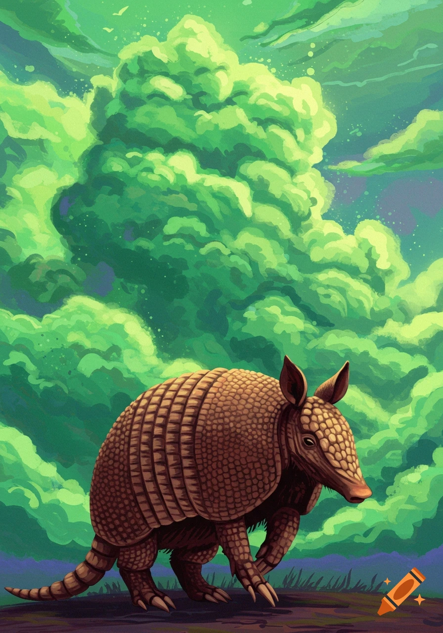 An armadillo stands before large green clouds in a stylized ...
