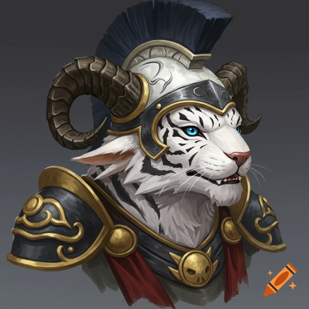 Fantasy character art of a white tiger-like figure wearing a horned ...