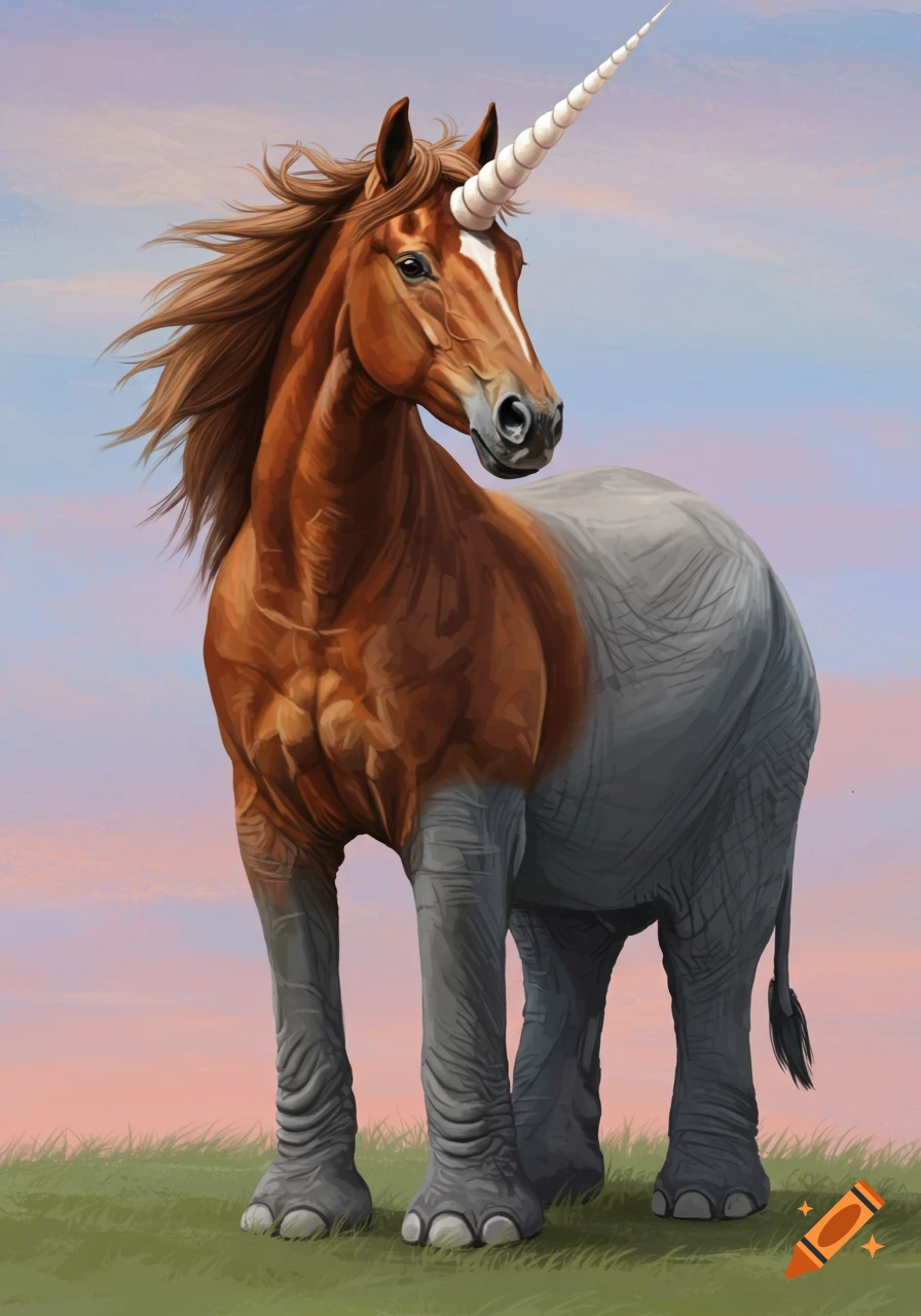 Fantasy creature combining horse, elephant, and unicorn in a field. on ...