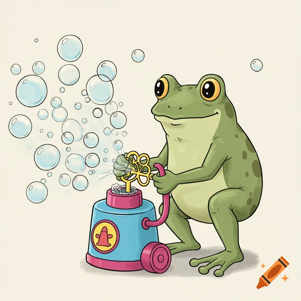 A cartoon frog blows bubbles from a bubble machine. on Craiyon