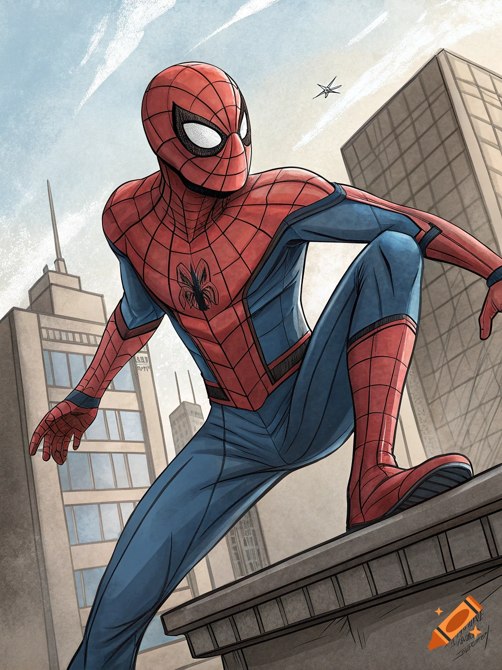 Comic book illustration of Spider-Man crouching on a city rooftop. on ...