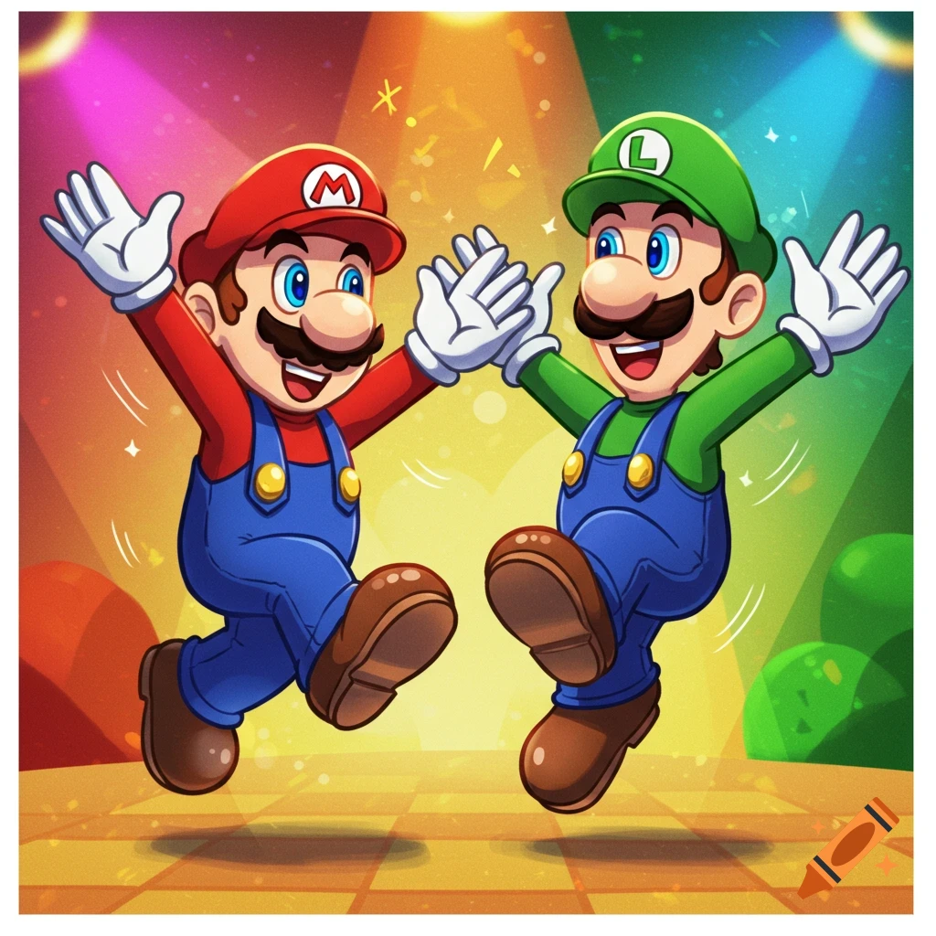 Mario and Luigi jump and high-five on a colorful stage. on Craiyon