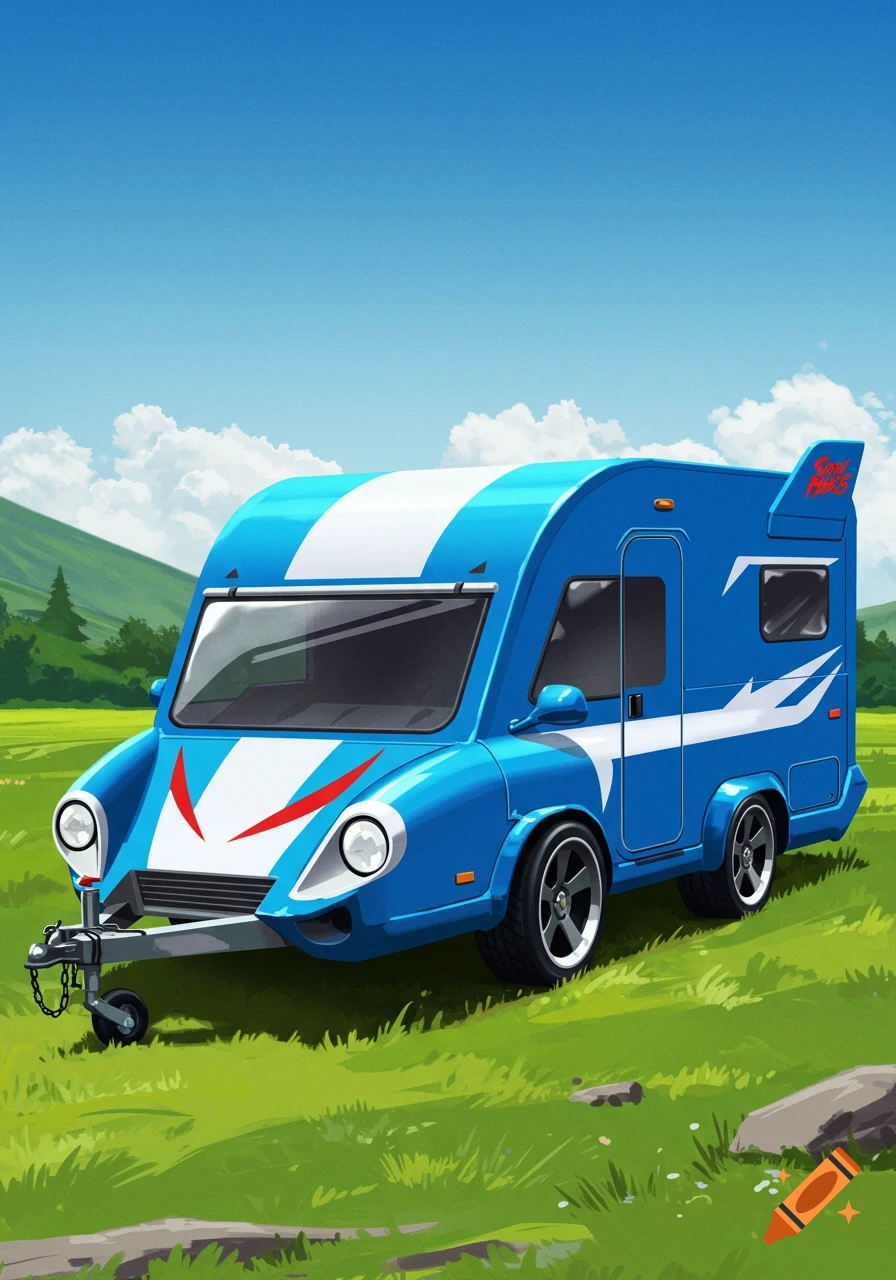 Stylized blue and white camper van in a field, painted like the Mach 5 ...