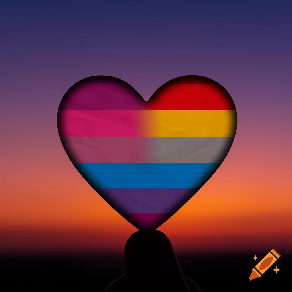 Heart shape with pansexual and trixic flag colors silhouetted against a ...