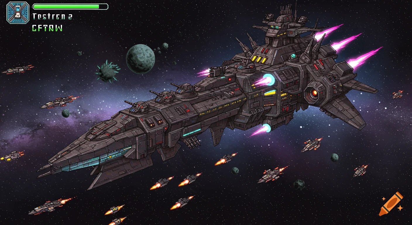 Large pixel art spaceship leads a fleet through space with planets and ...