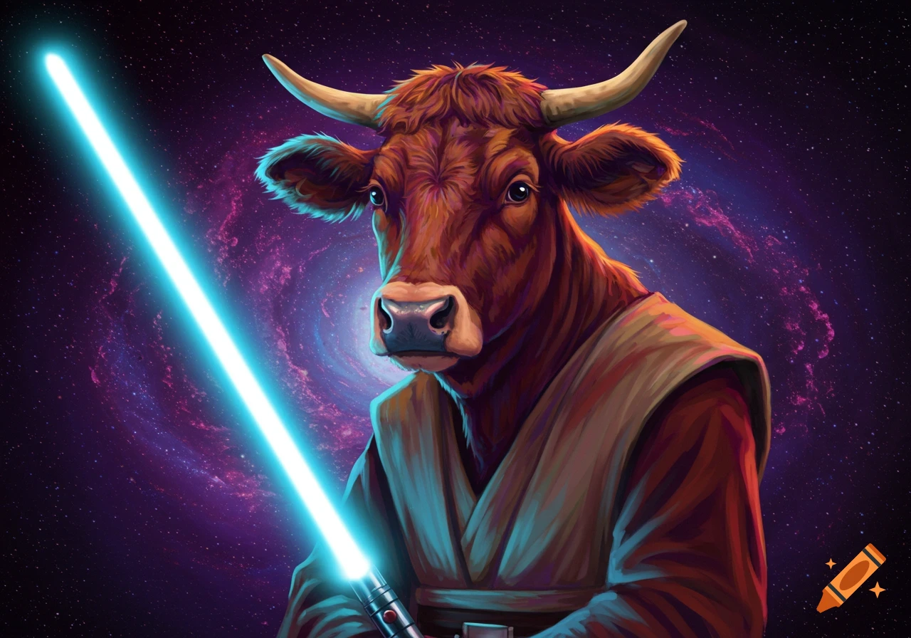 A brown cow dressed in Jedi robes holds a blue lightsaber in front of a ...