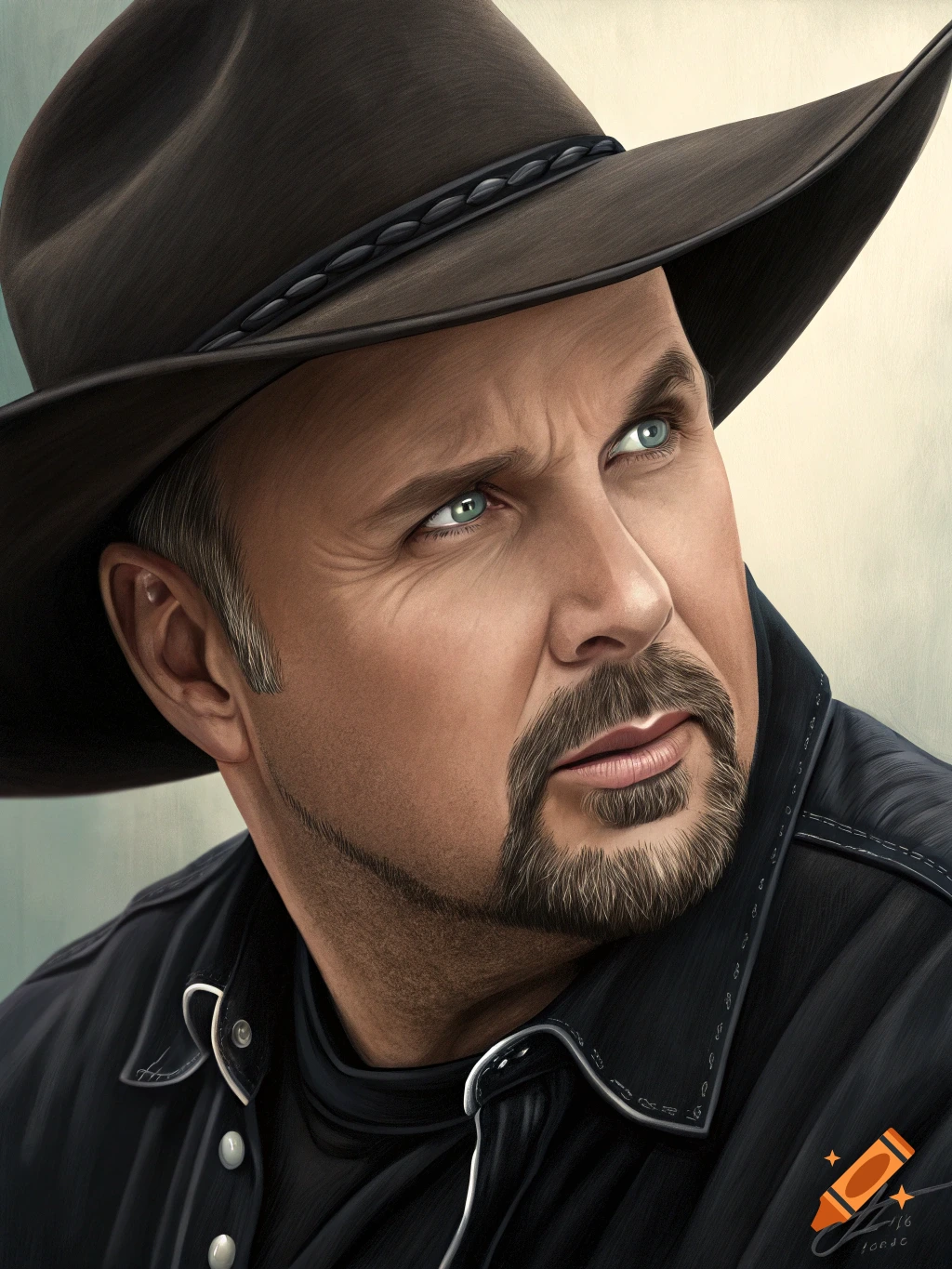 Close-up portrait of a man resembling Garth Brooks wearing a cowboy hat ...