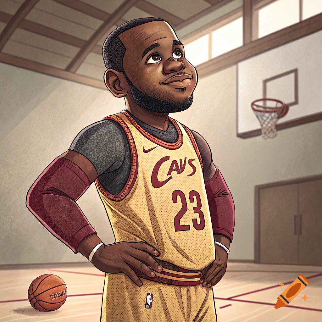 Cartoon illustration of Lebron James in a Cavaliers jersey on a ...