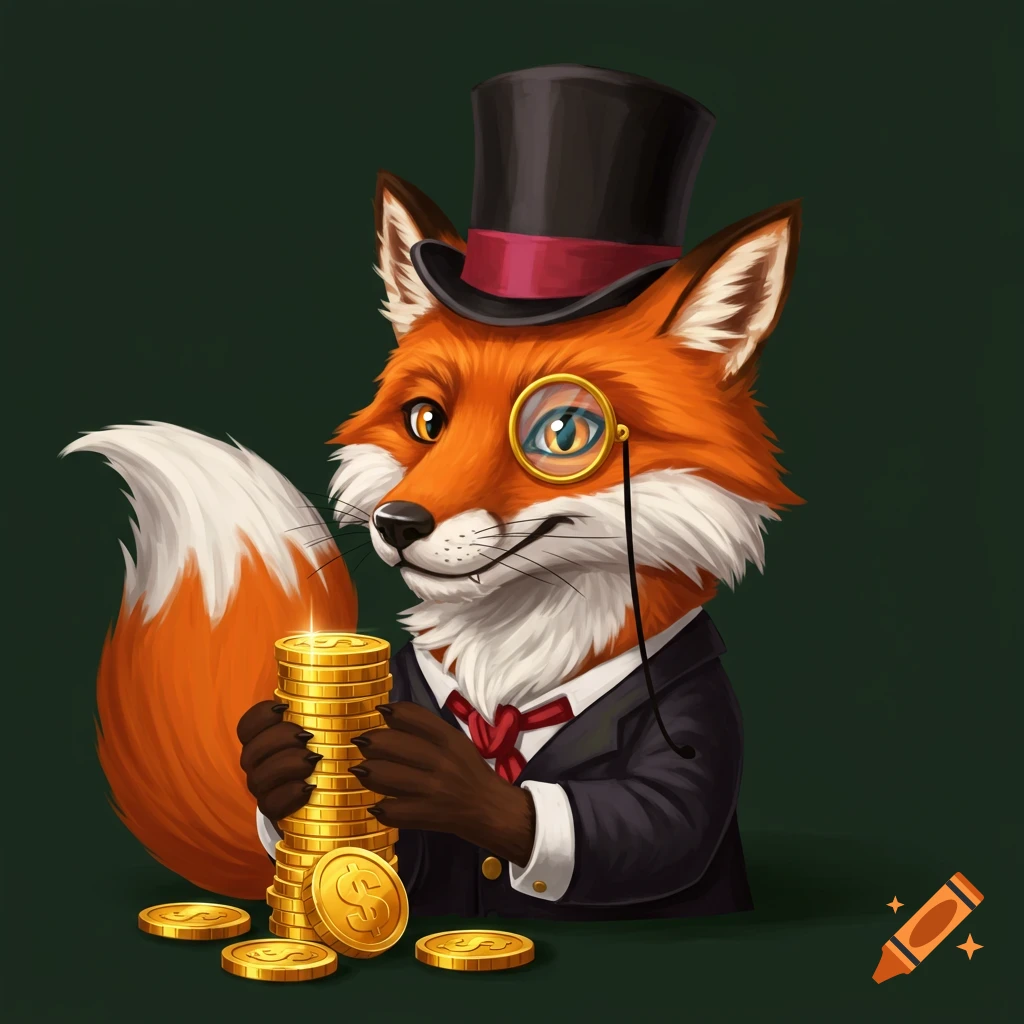 Illustration of a cartoon fox in a top hat and monocle holding a stack ...