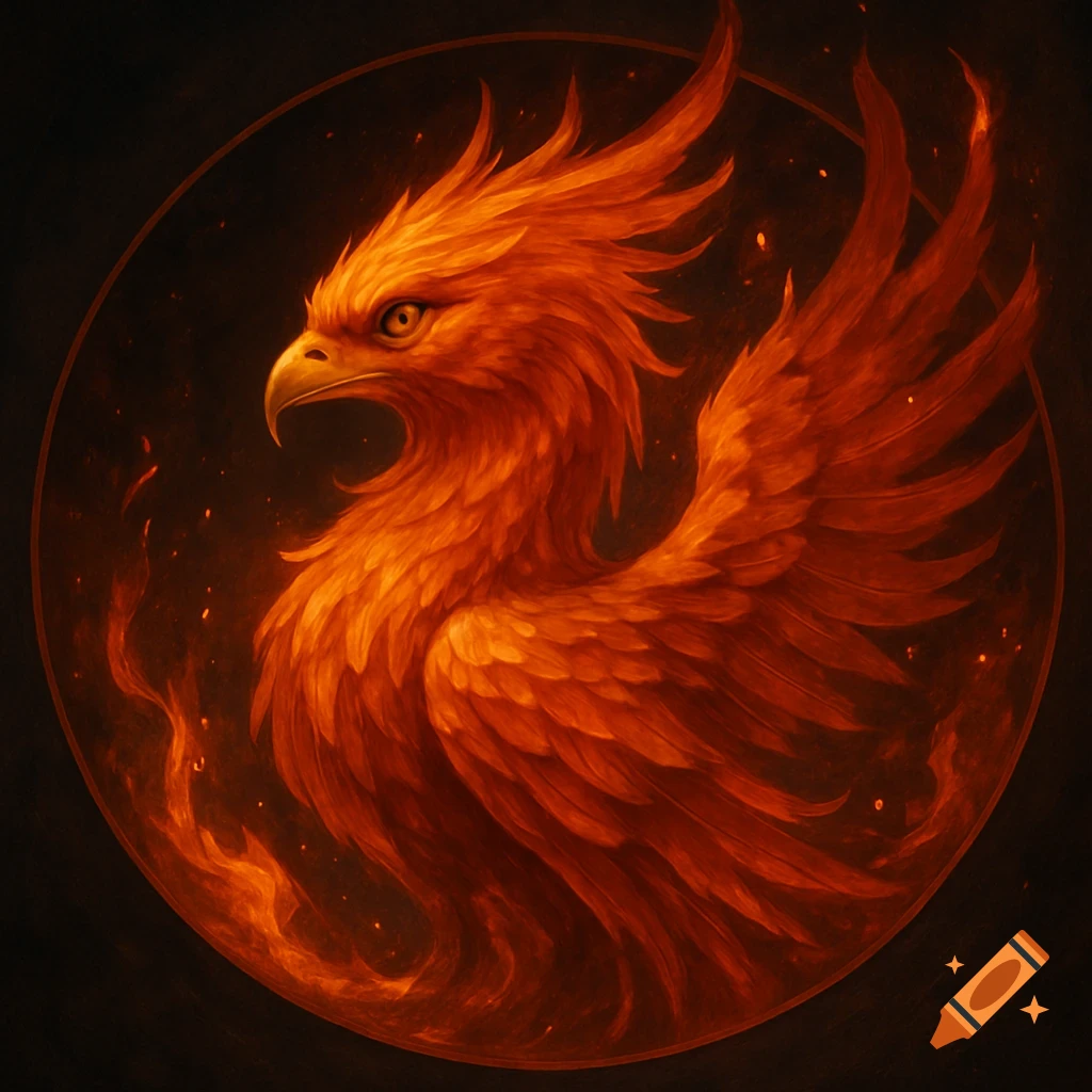 A fiery phoenix with glowing eyes is depicted within a circular border ...