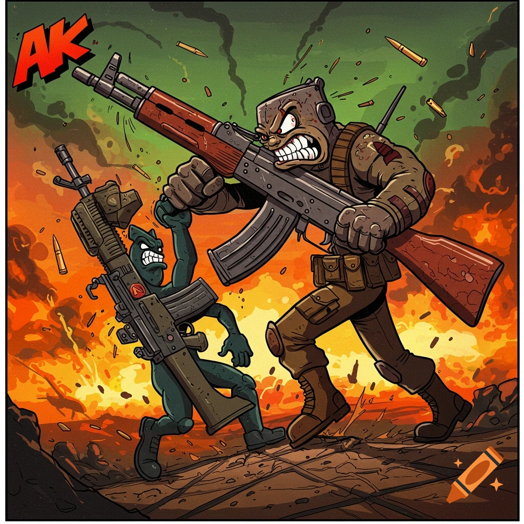 Cartoon battle between anthropomorphic AK and M4 rifles in a war zone ...