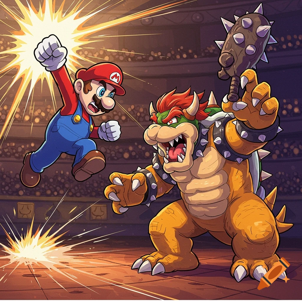 Cartoon illustration of Mario jumping to punch Bowser in an arena on ...