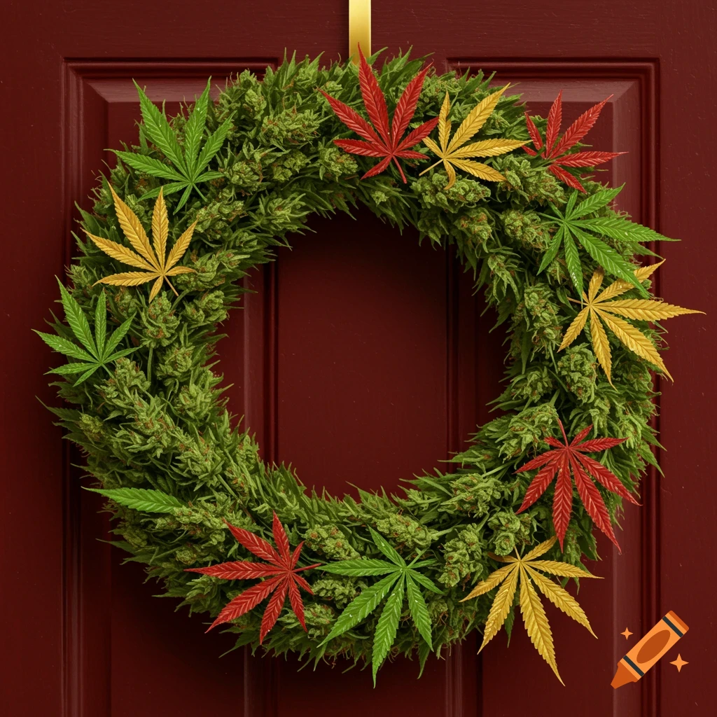 A Christmas wreath made of marijuana buds and colorful cannabis leaves hanging on a red door. on ...