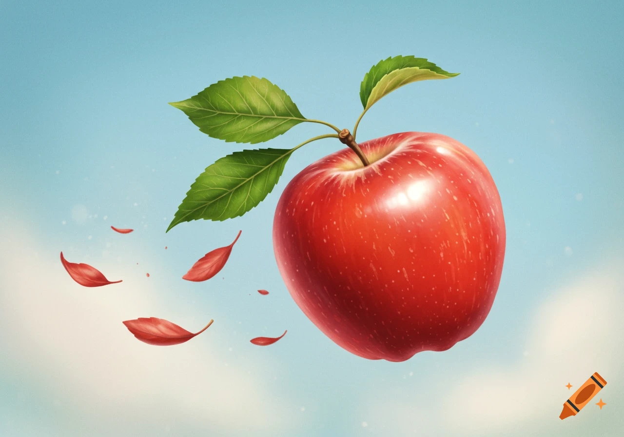 A stylized red apple with green leaves floats in a blue sky with ...