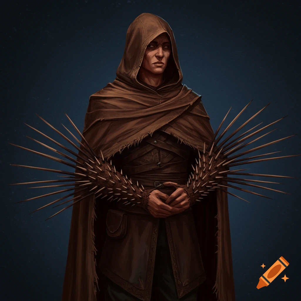 Illustration of a hooded person with quill-covered arms, draped in a ...