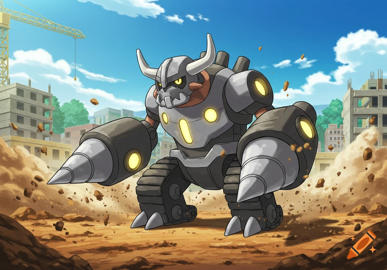 Pokemon-style robot with drill arms and tank treads in a construction ...