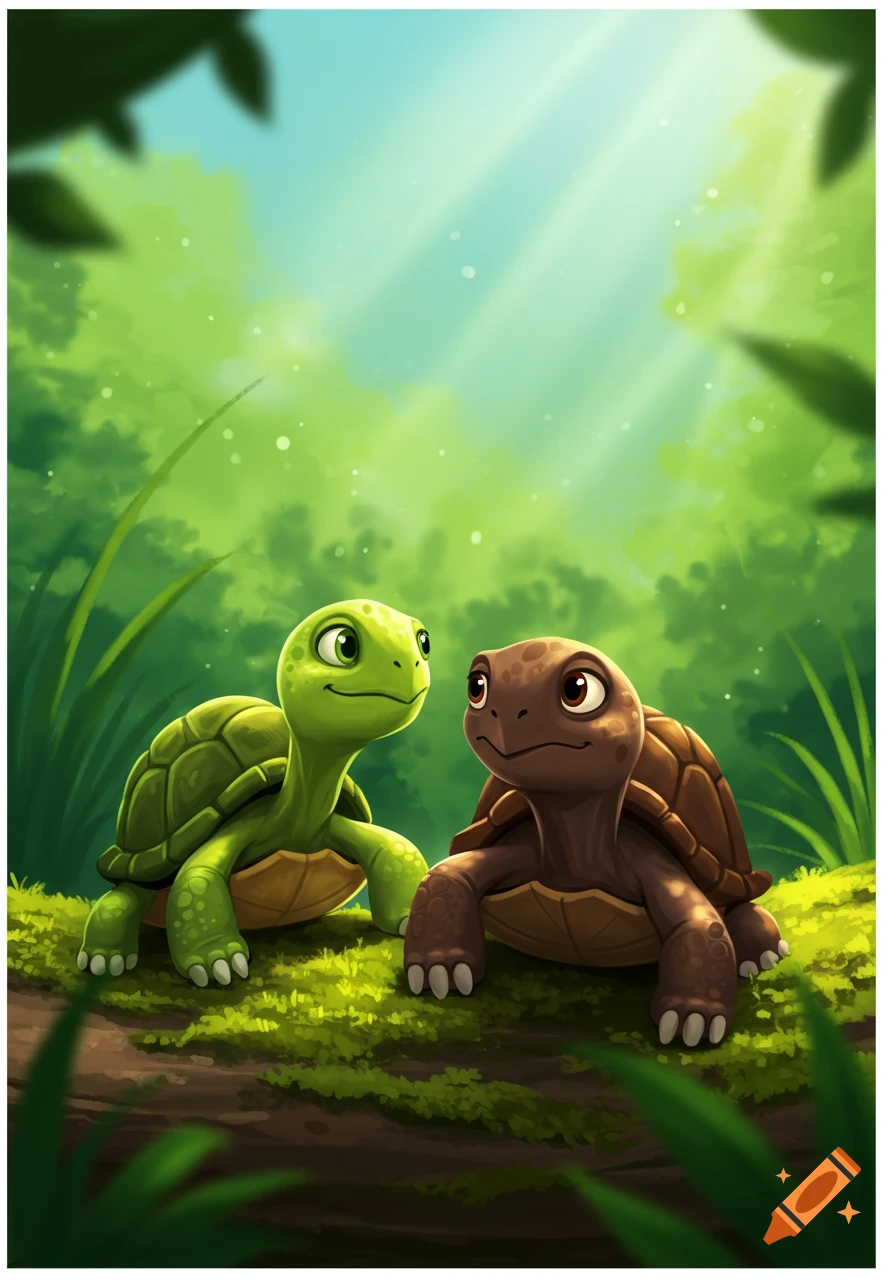 A green cartoon turtle and a brown cartoon turtle sit on a log in a ...