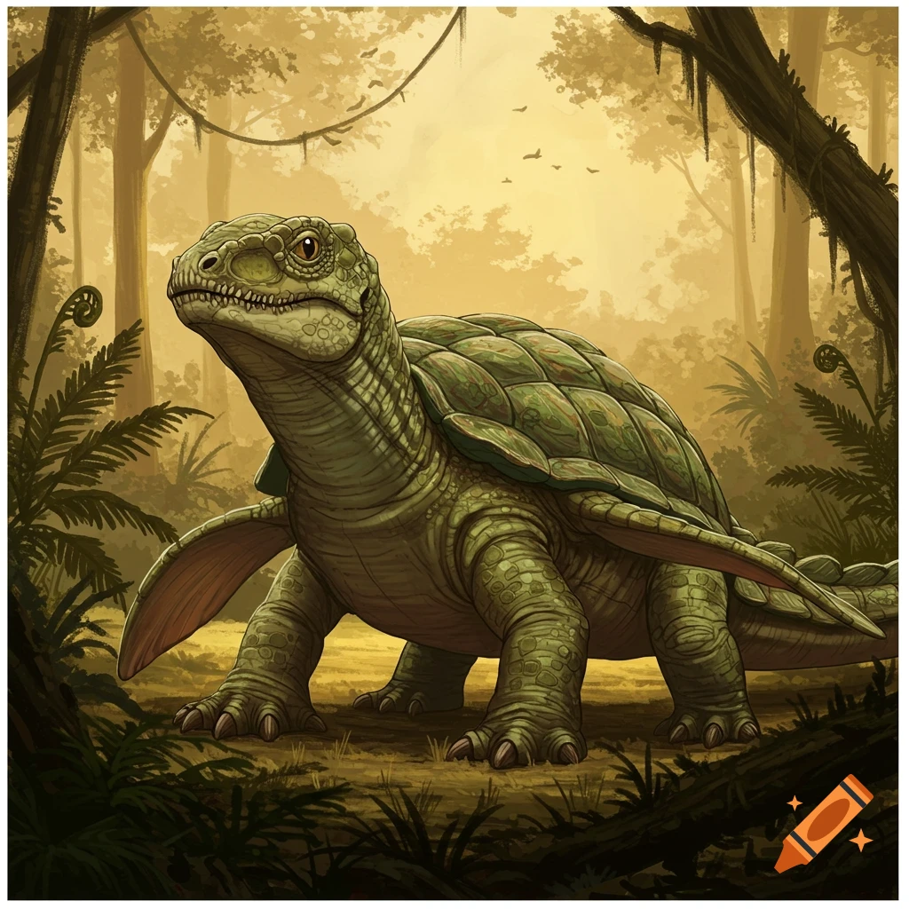 A fantasy creature combining turtle and dinosaur features stands in a ...