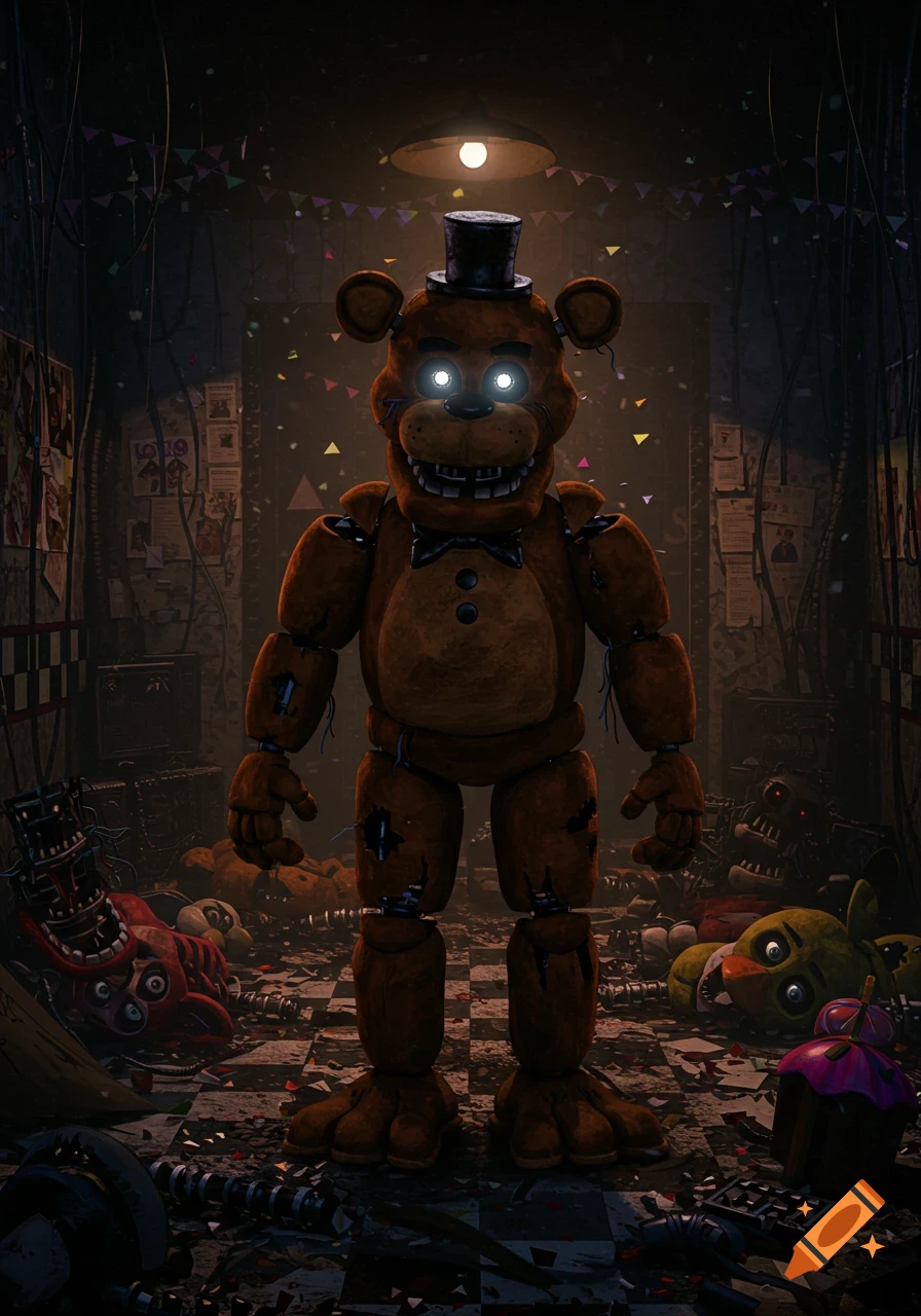 Freddy Fazbear in a dark, messy room with destroyed animatronics ...