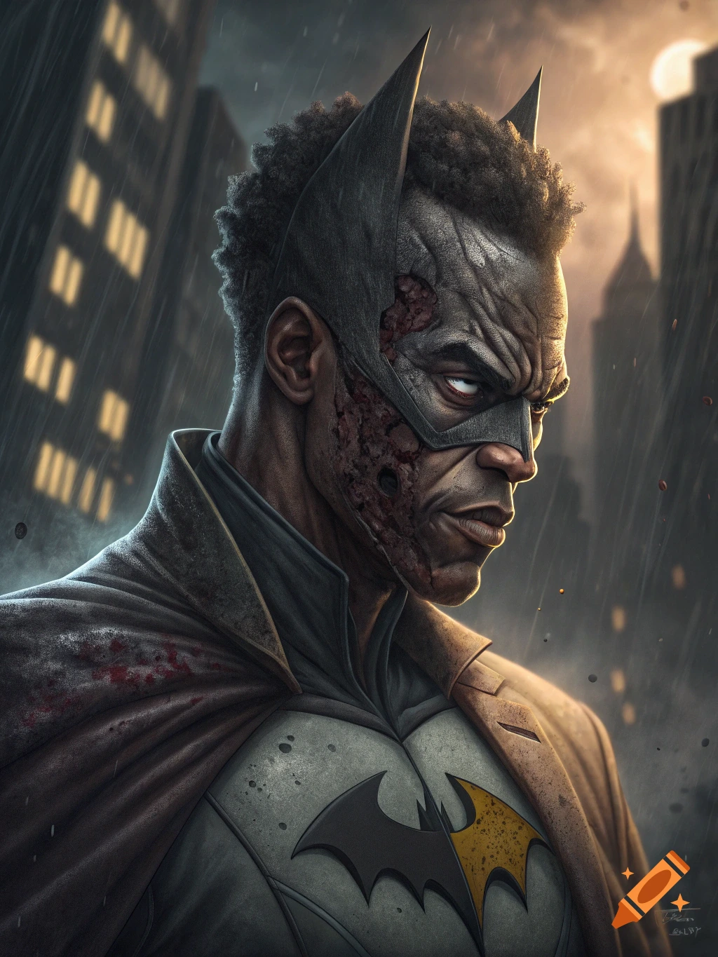 African American Two-Face in Batman mask & cape with damaged face in ...