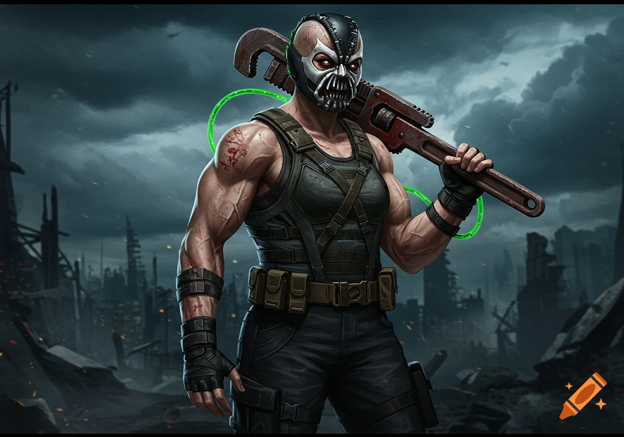 Muscular female character resembling Bane holding a large wrench over ...