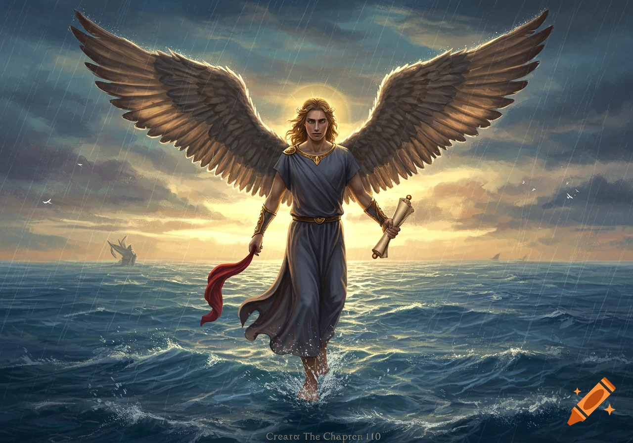 An angel with large wings walks on a stormy sea at sunset, holding a ...