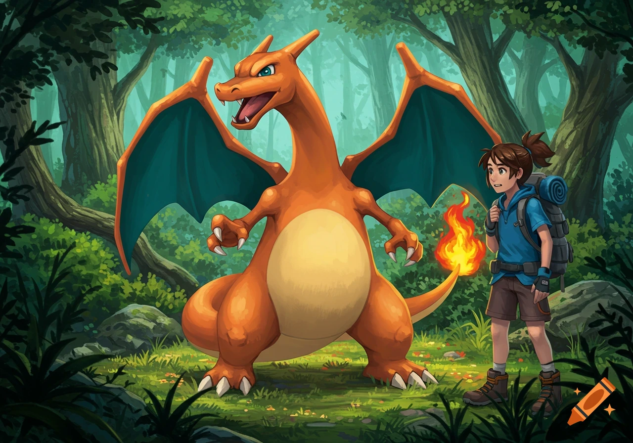 An illustration of Charizard and a trainer standing in a forest ...