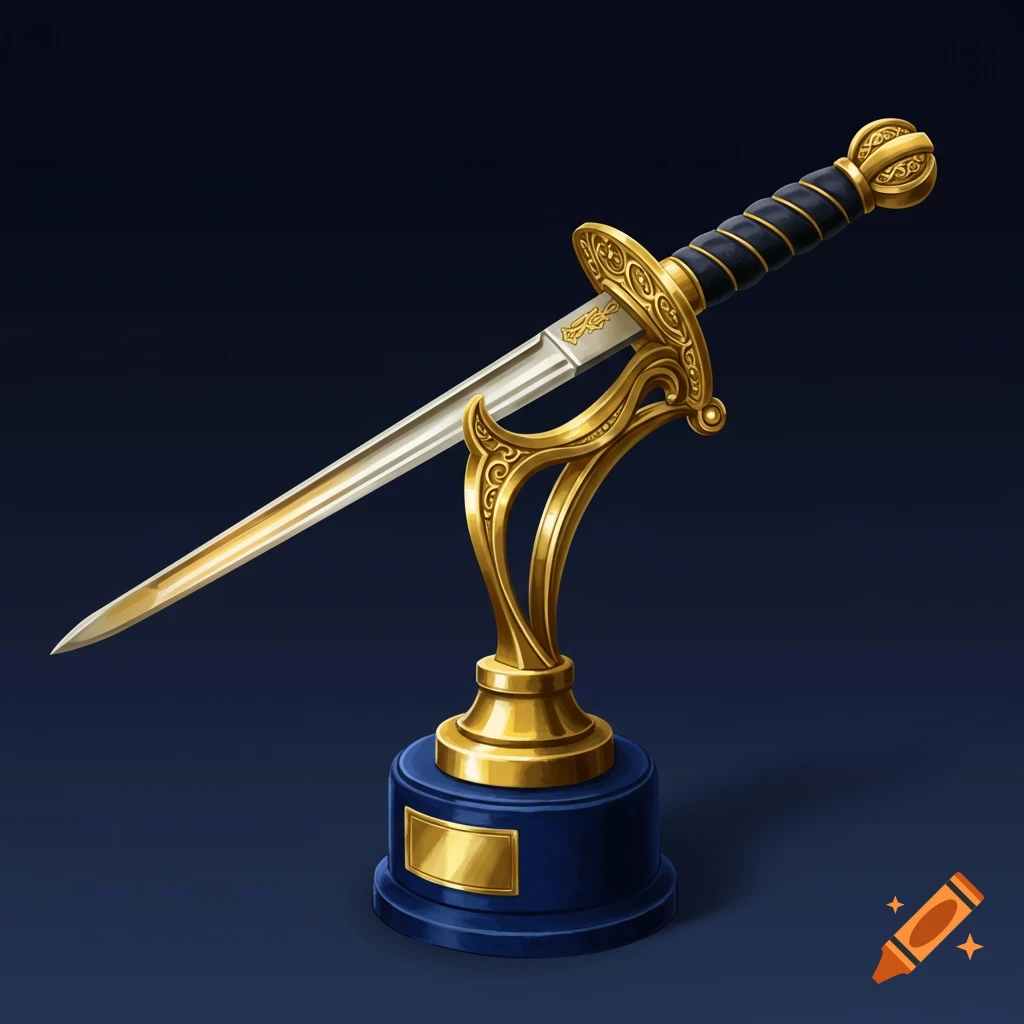 An ornate sword trophy with a golden stand and blue base. on Craiyon