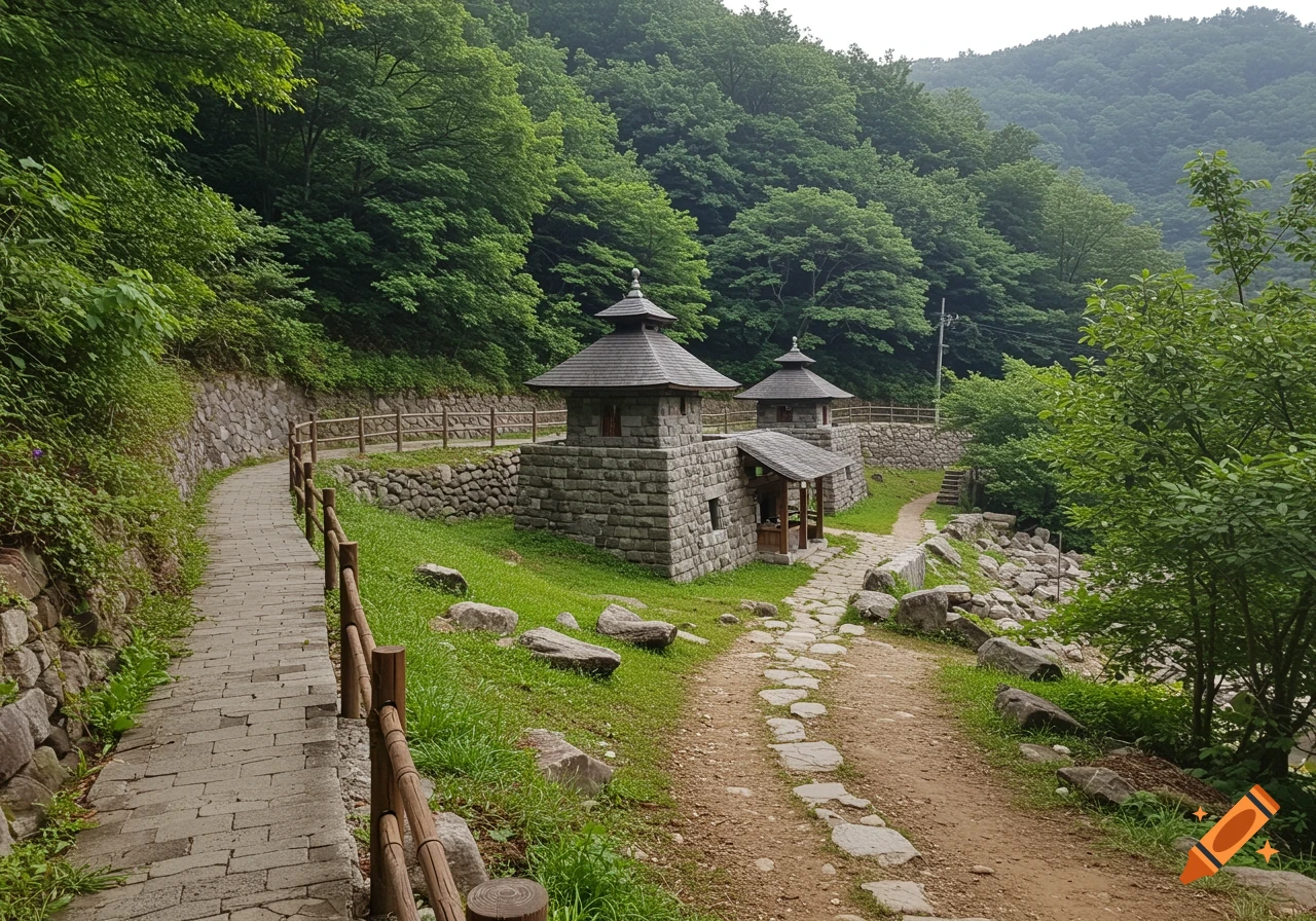 A stone path and dirt trail lead towards two stone buildings with ...