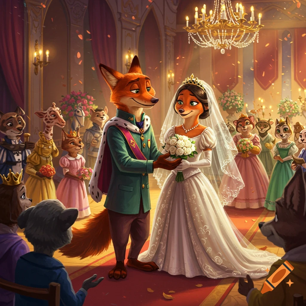 Anthropomorphic foxes at a royal wedding in a grand hall. on Craiyon