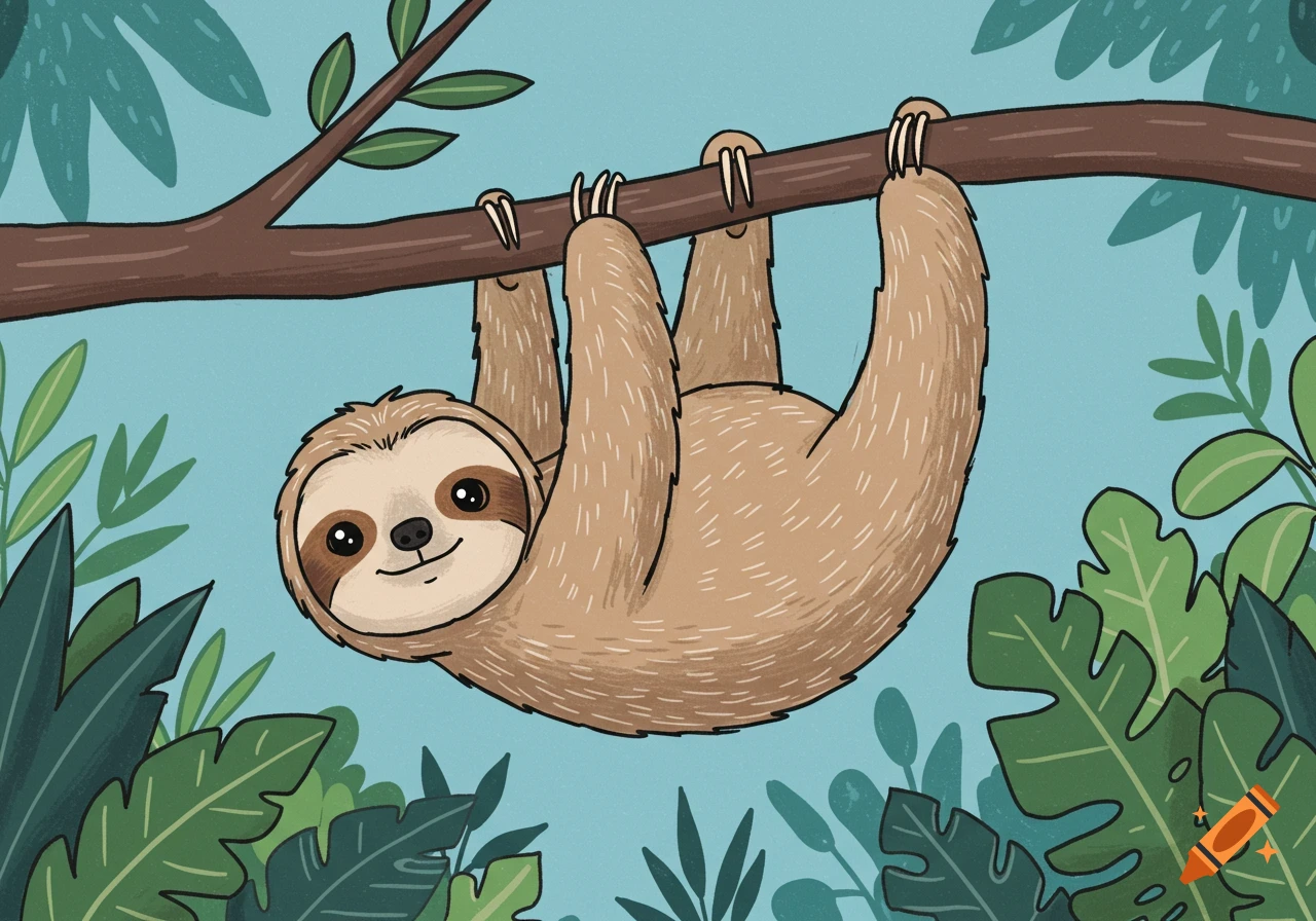 A cartoon drawing of a sloth hanging from a tree branch surrounded by ...
