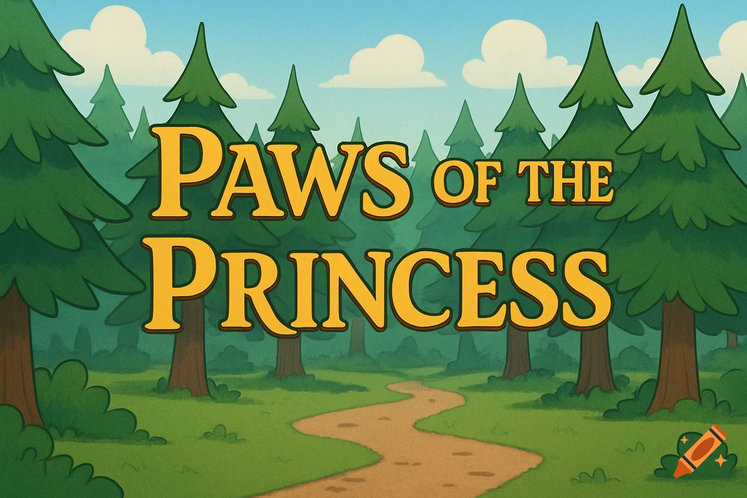 A cartoon forest landscape with gold text 'PAWS OF THE PRINCESS'. on Craiyon
