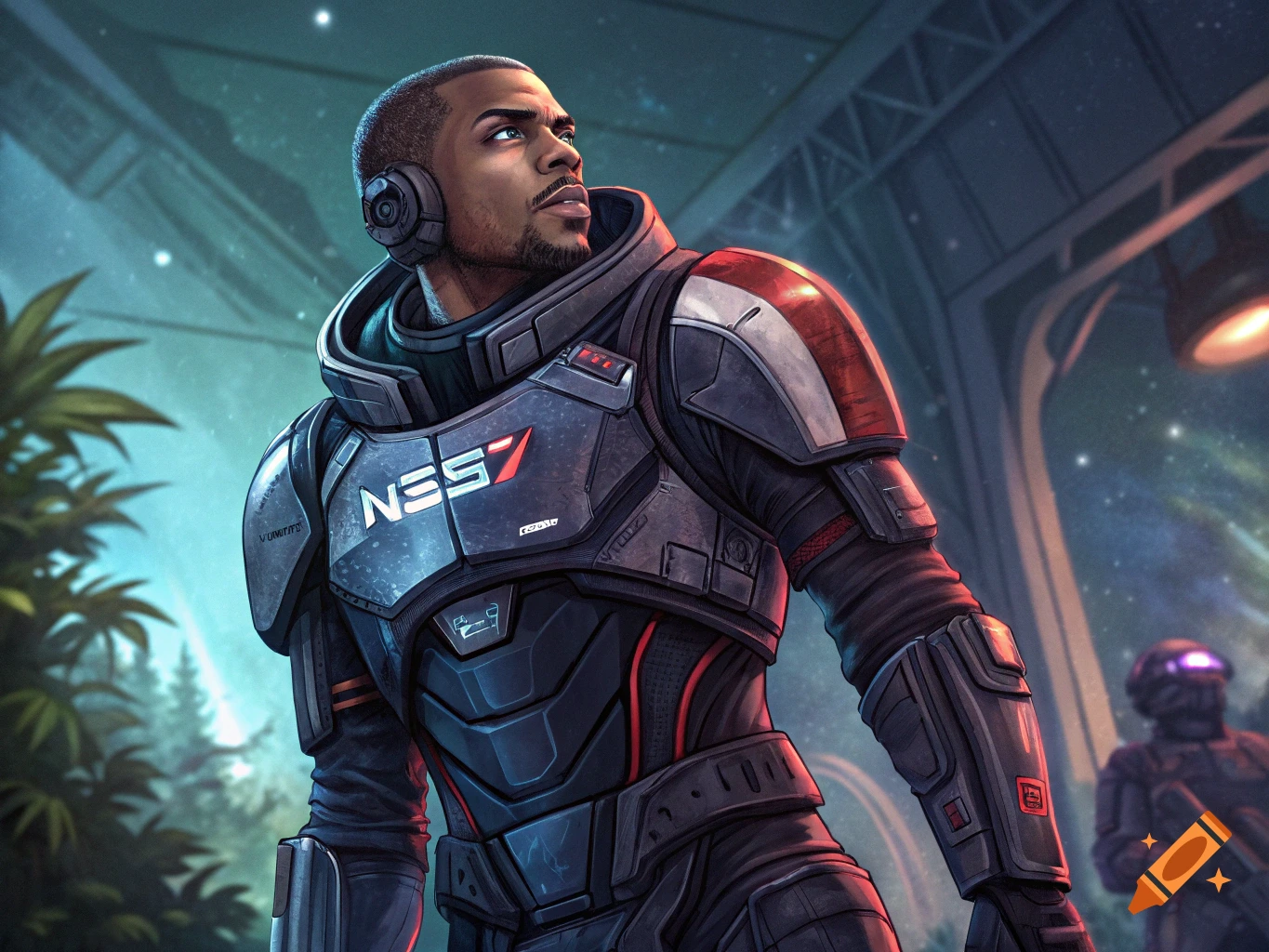 Stylized portrait of a man in Mass Effect N7 armor looking up and right ...