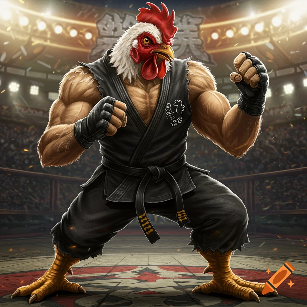 A muscular chicken in a black martial arts gi fighting in a ring. on ...