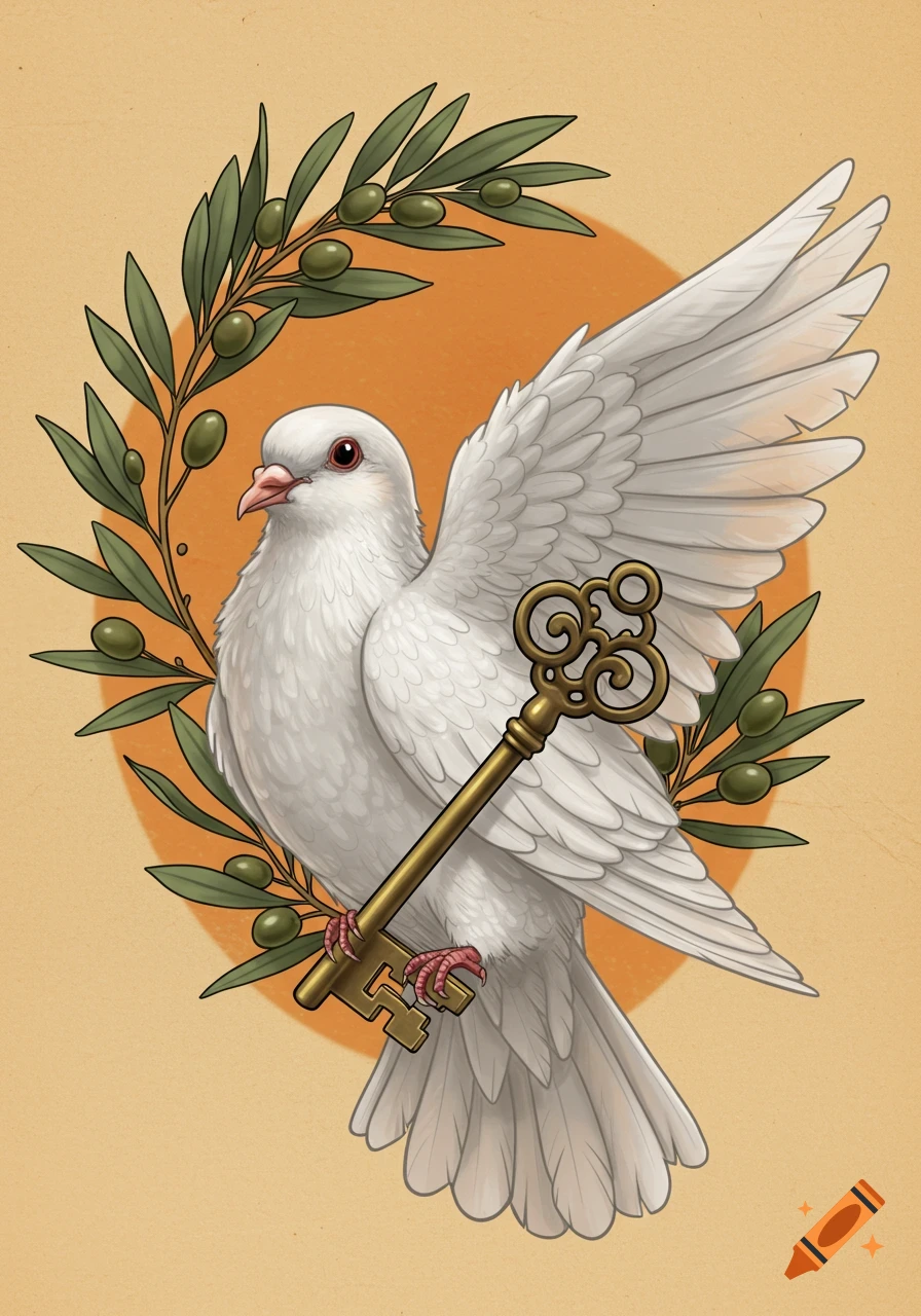 White dove holding skeleton key with olive branches. Tattoo style. on ...
