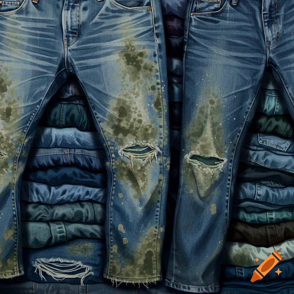 Distressed denim jeans with mildew stains stacked. on Craiyon