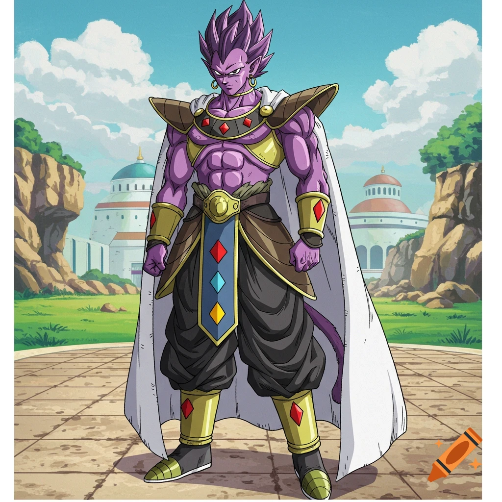 Anime style character with purple skin, spikey hair, and cape standing ...