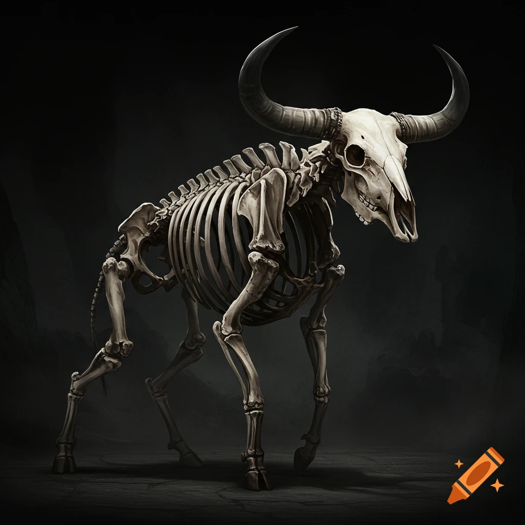 A bipedal skeleton creature with longhorns stands in a dark setting. on ...