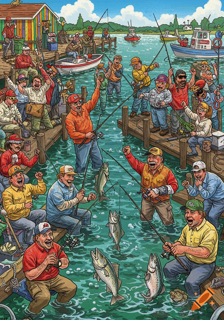 Illustration of a crowded fishing rodeo with many people on a dock and ...