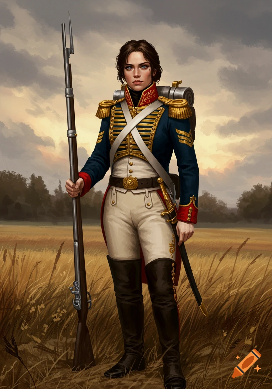 A woman in a blue and gold Napoleonic military uniform stands holding a ...
