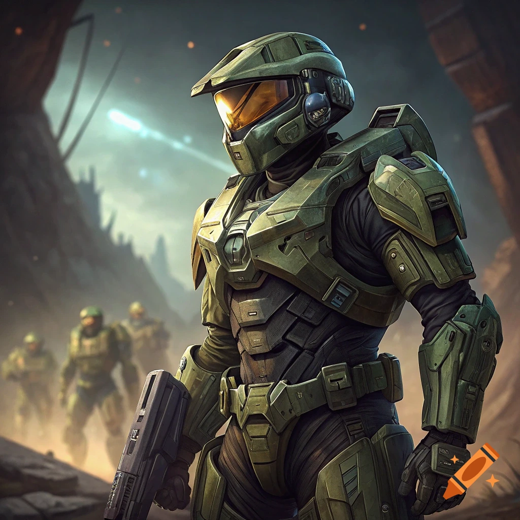 Master Chief in futuristic armor holding a gun, standing in a rocky ...