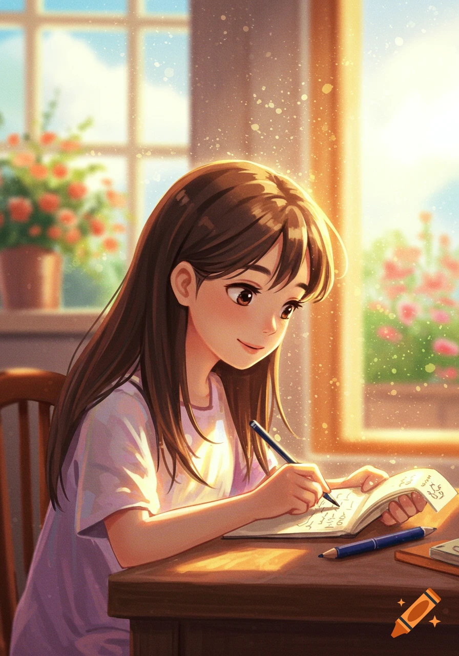 Anime illustration of a girl smiling and writing in a notebook at a ...