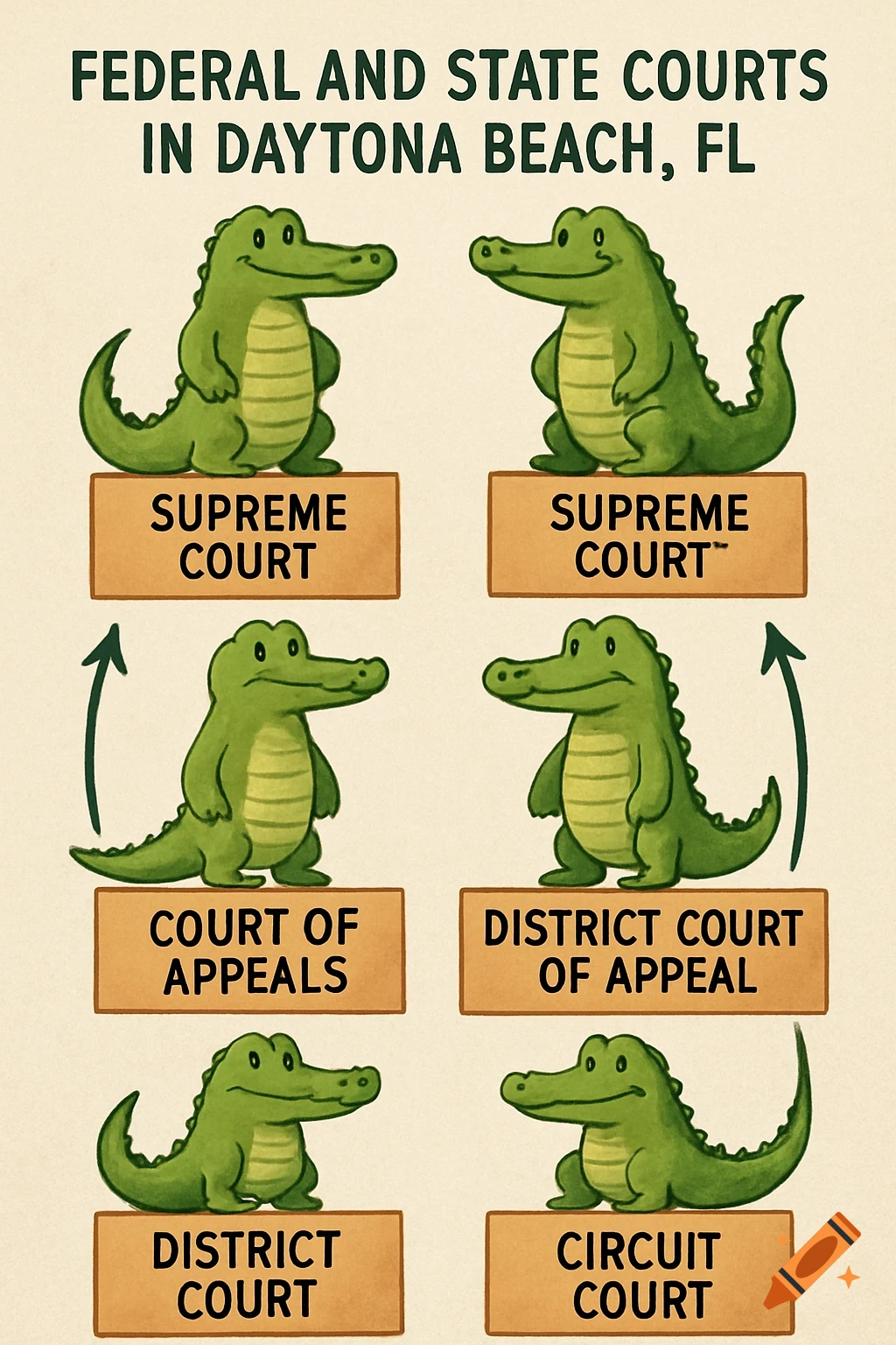 Illustration of six cartoon alligators standing on signs labeling ...