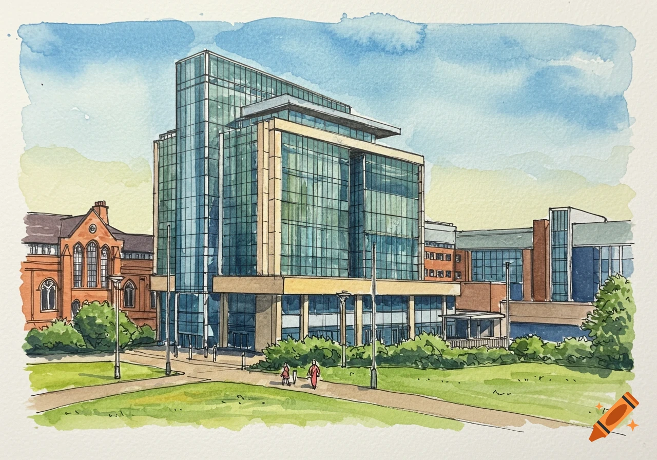 Watercolor painting of a modern glass and stone university building ...