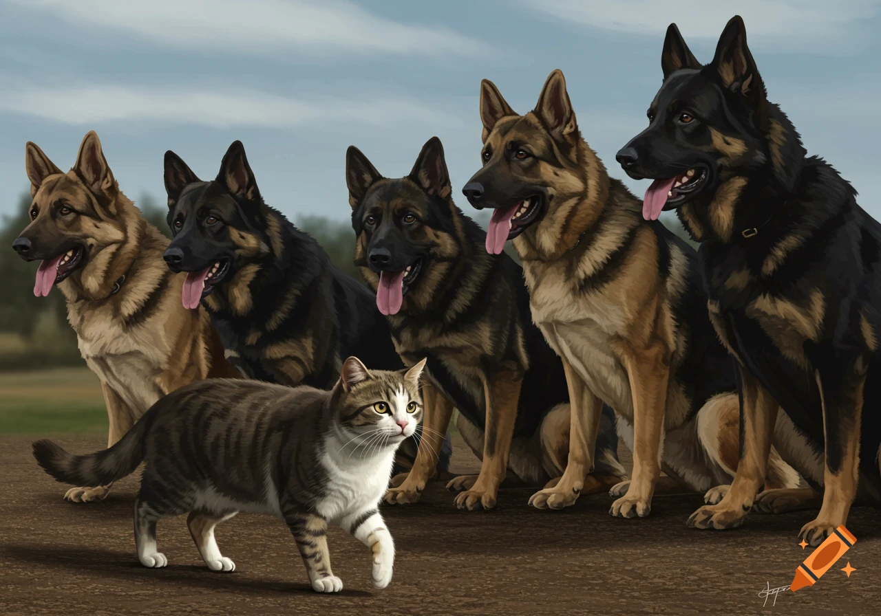 A cat walks past a row of German Shepherds in a digital painting. on ...