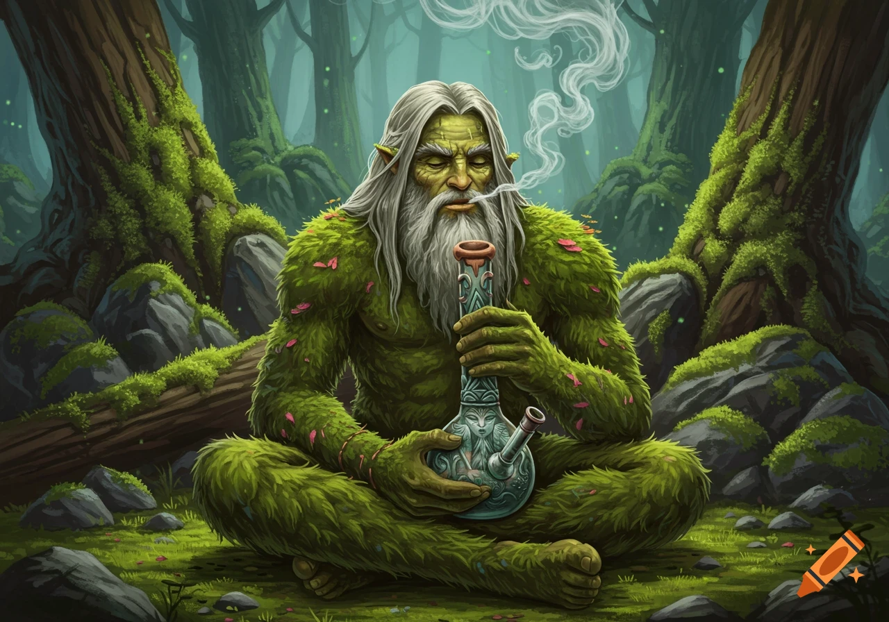 A moss-covered Sasquatch druid sits cross-legged in a forest, smoking a ...