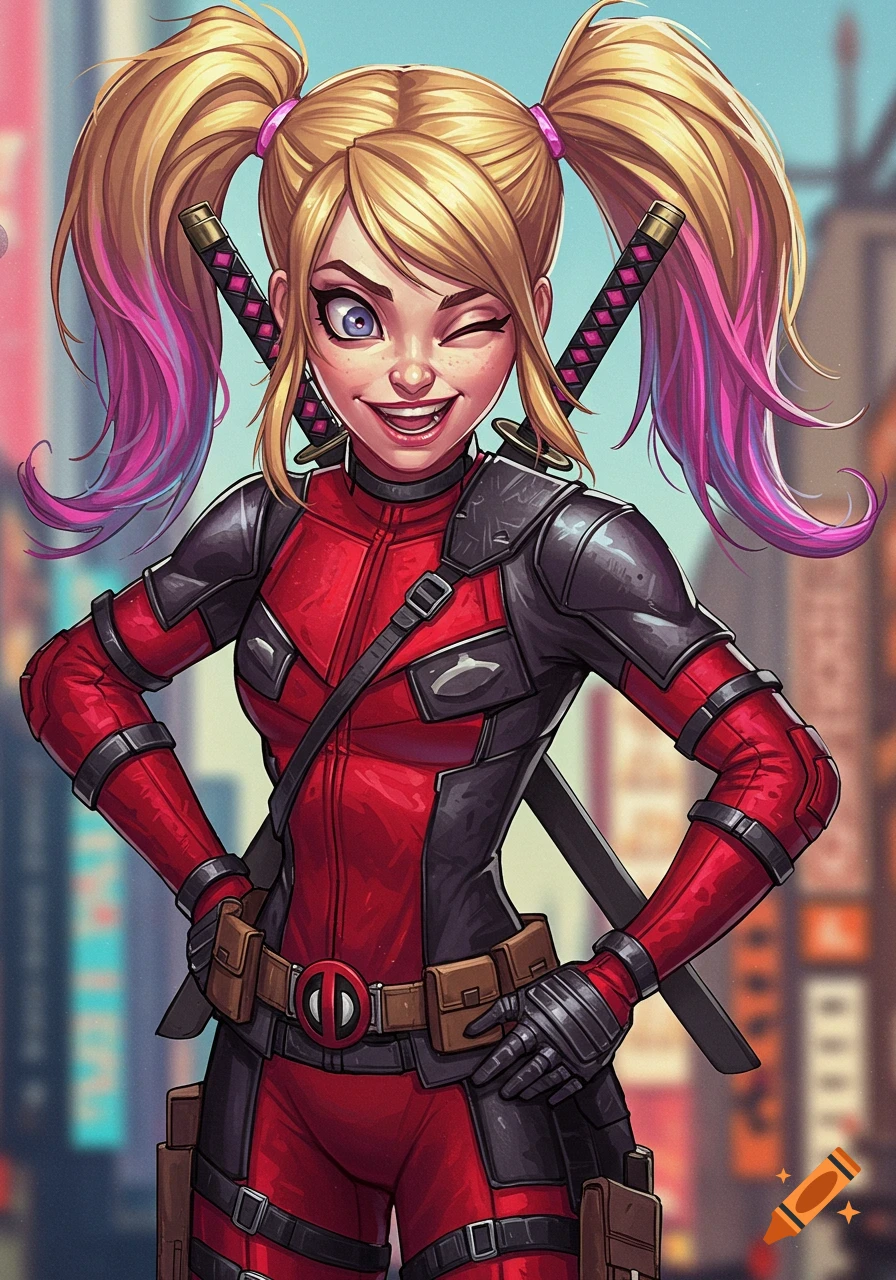 Illustration of a female character dressed as Deadpool, winking, in a ...